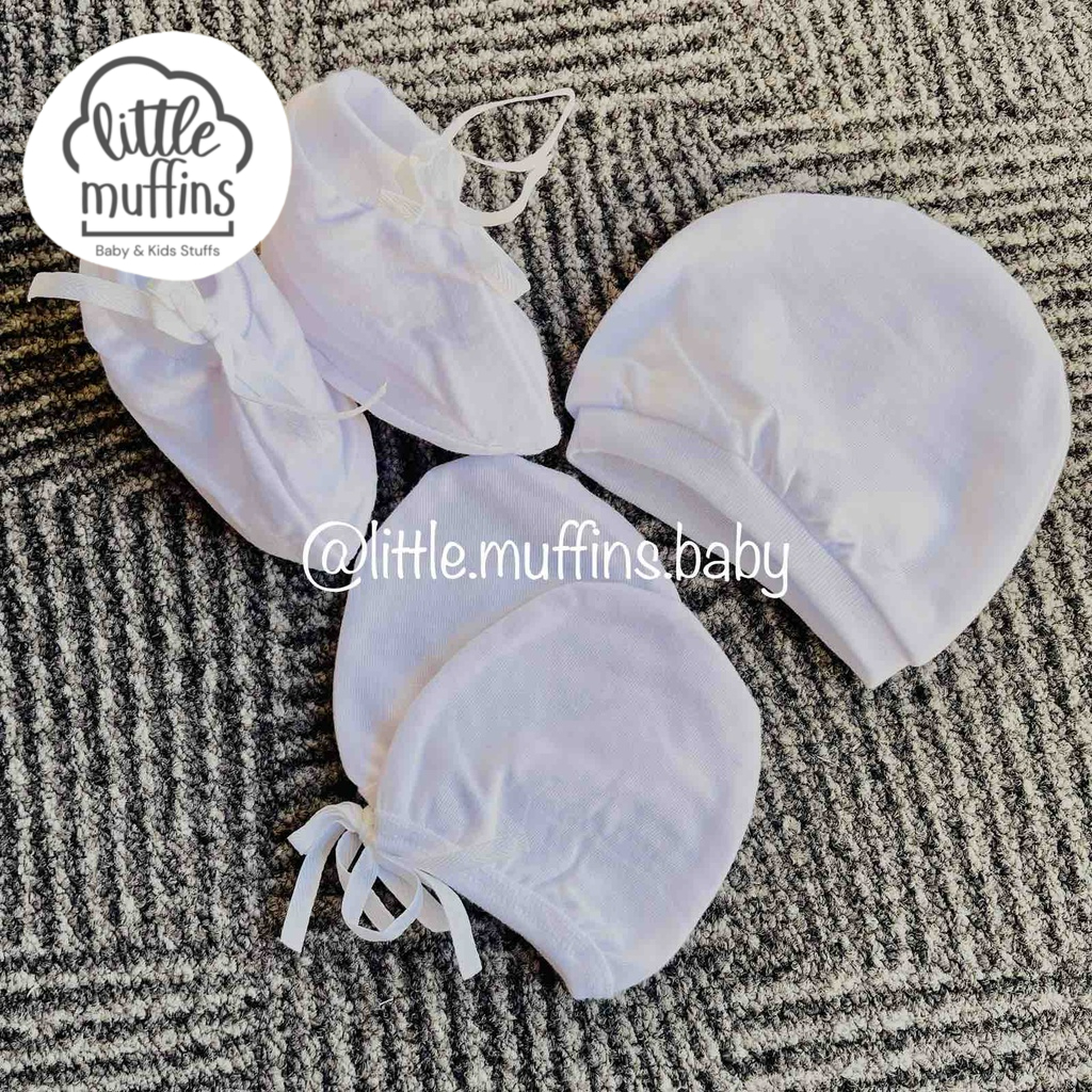 Plain Cotton White Newborn Bonnet, Mittens & Booties | Shopee Malaysia