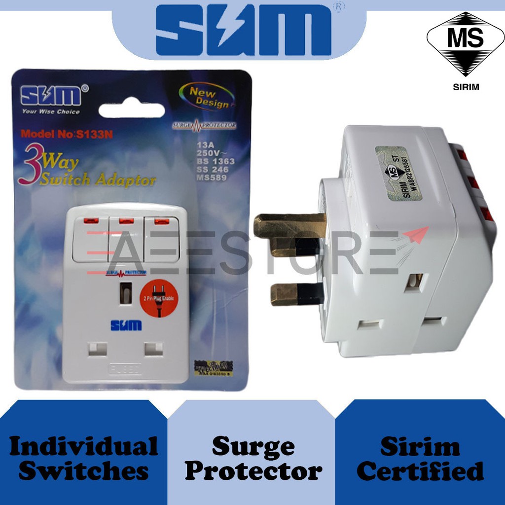 SIRIM SUM 3 Way Surge Protector Adaptor With LED Neon Individual Switch ...