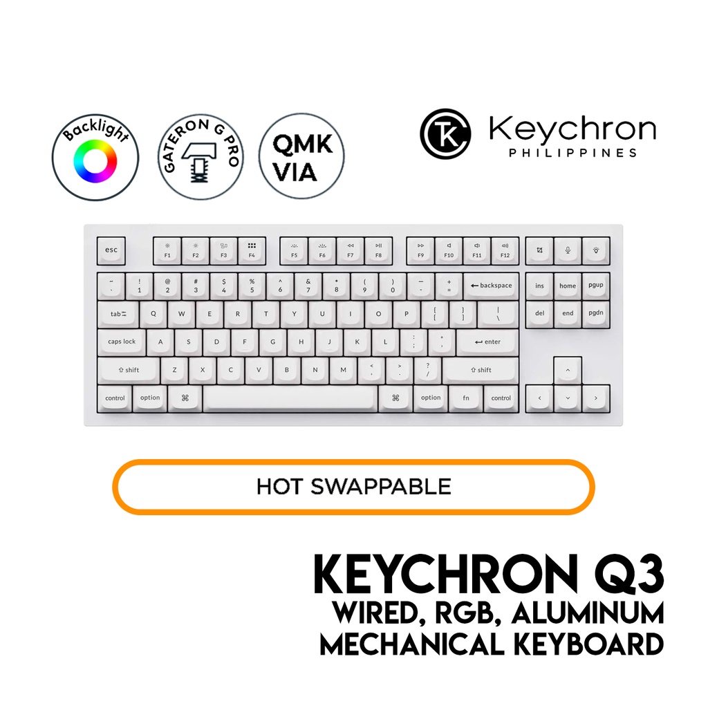 Keychron Q3 QMK Mechanical Keyboard, Shell White, TKL, Wired, RGB ...