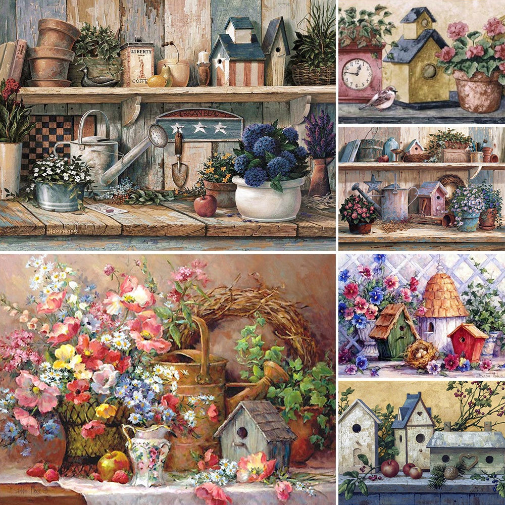 DIY Cross Stitch Embroidery Set Handmade Scenery Flowers Printed Fabric ...
