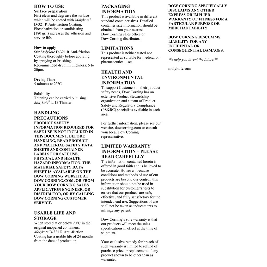 Molykote D-321R Anti Friction Coating Spray 400ml D321R by dow corning ...