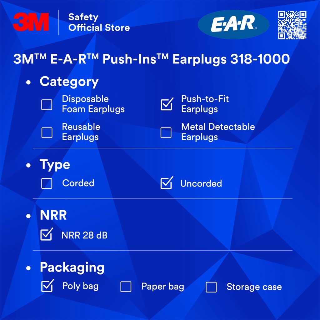 3M™ E-A-R Push Ins Earplugs 318-1000/ NRR 28 dB/ Washable Earplug ...