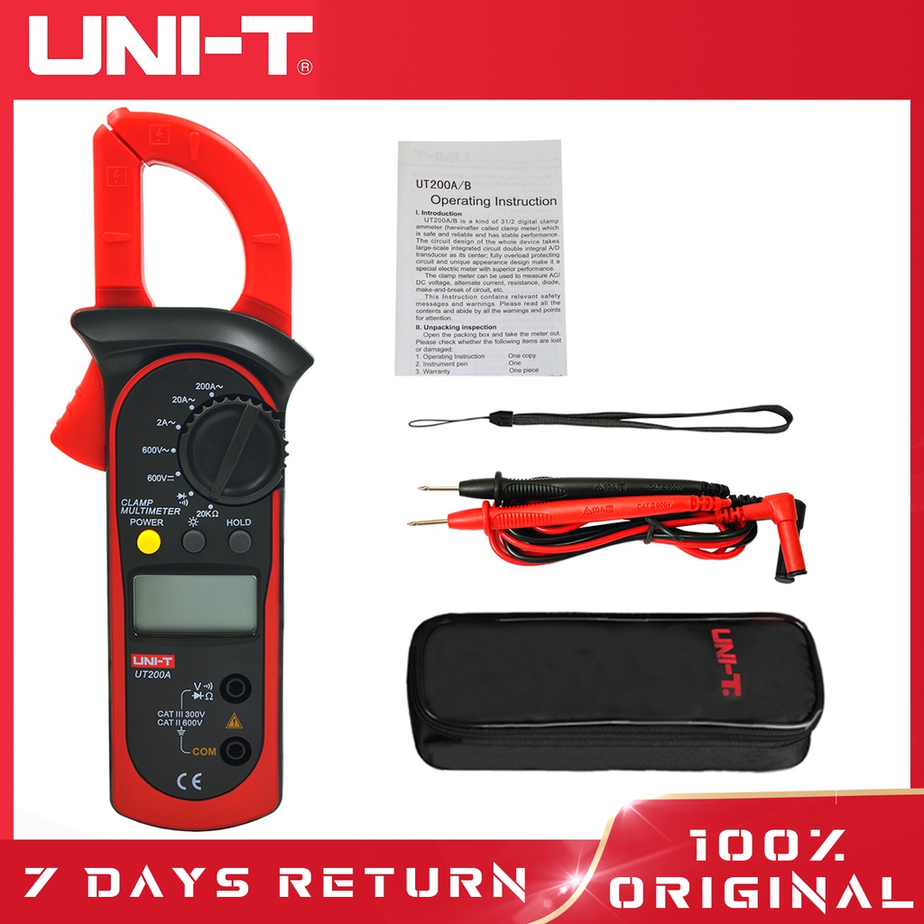 【UNI-T Agent】UNI-T UT200A Digital Clamp Meter Tester 200A AC Current ...