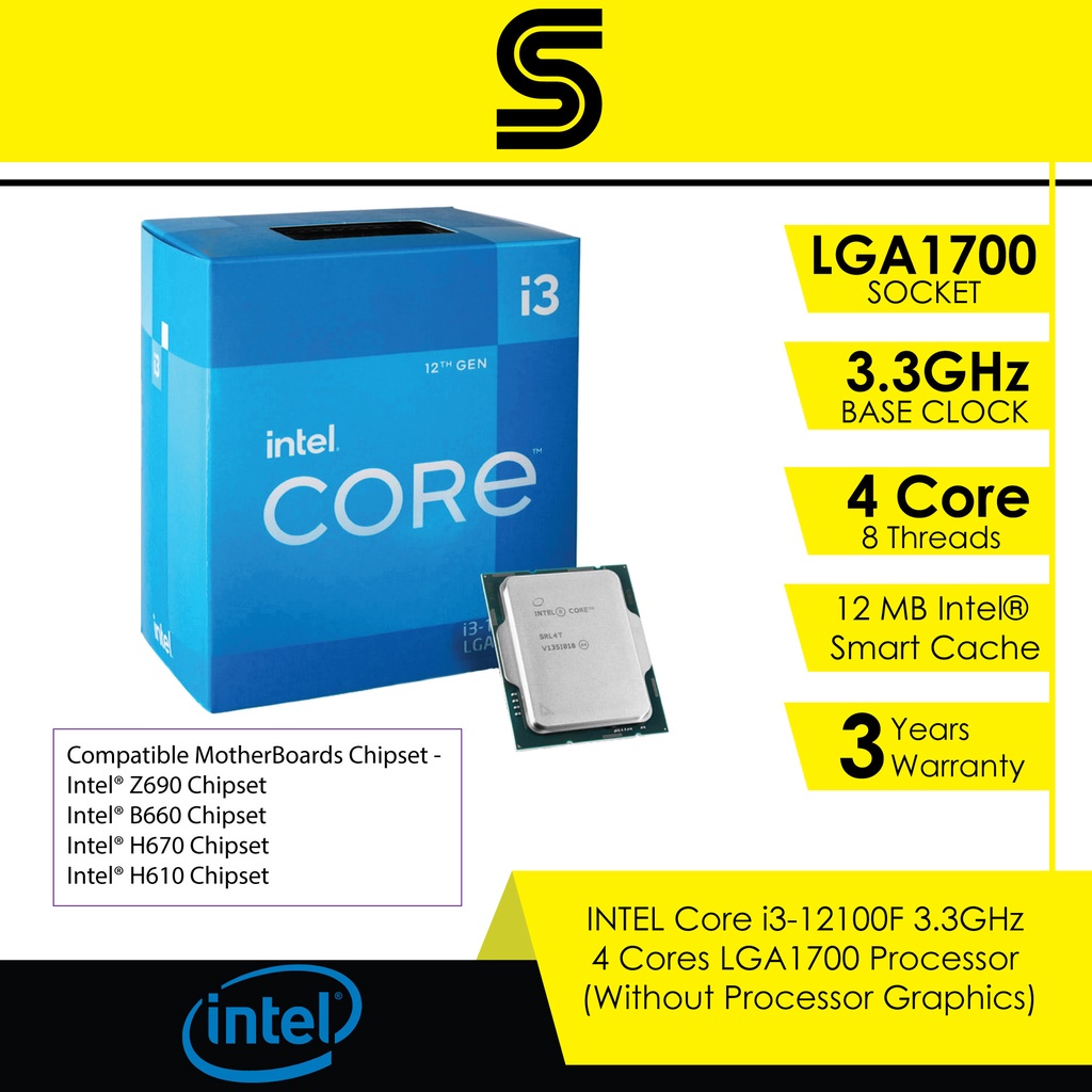 INTEL Core i3-12100F 3.3GHz 4 Cores LGA1700 Processor (Without ...