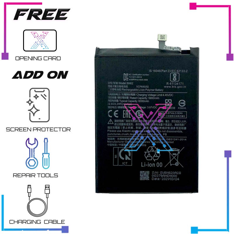 Battery BN62 Compatible For Poco M3 / Redmi 9T / Redmi Note 9 4G (5900 ...