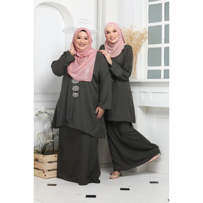 Baju Kurung Kebarung Olive Green Hijau Ironless Saiz S - 5XL Plain Loose Plus Size Ready Stock ...