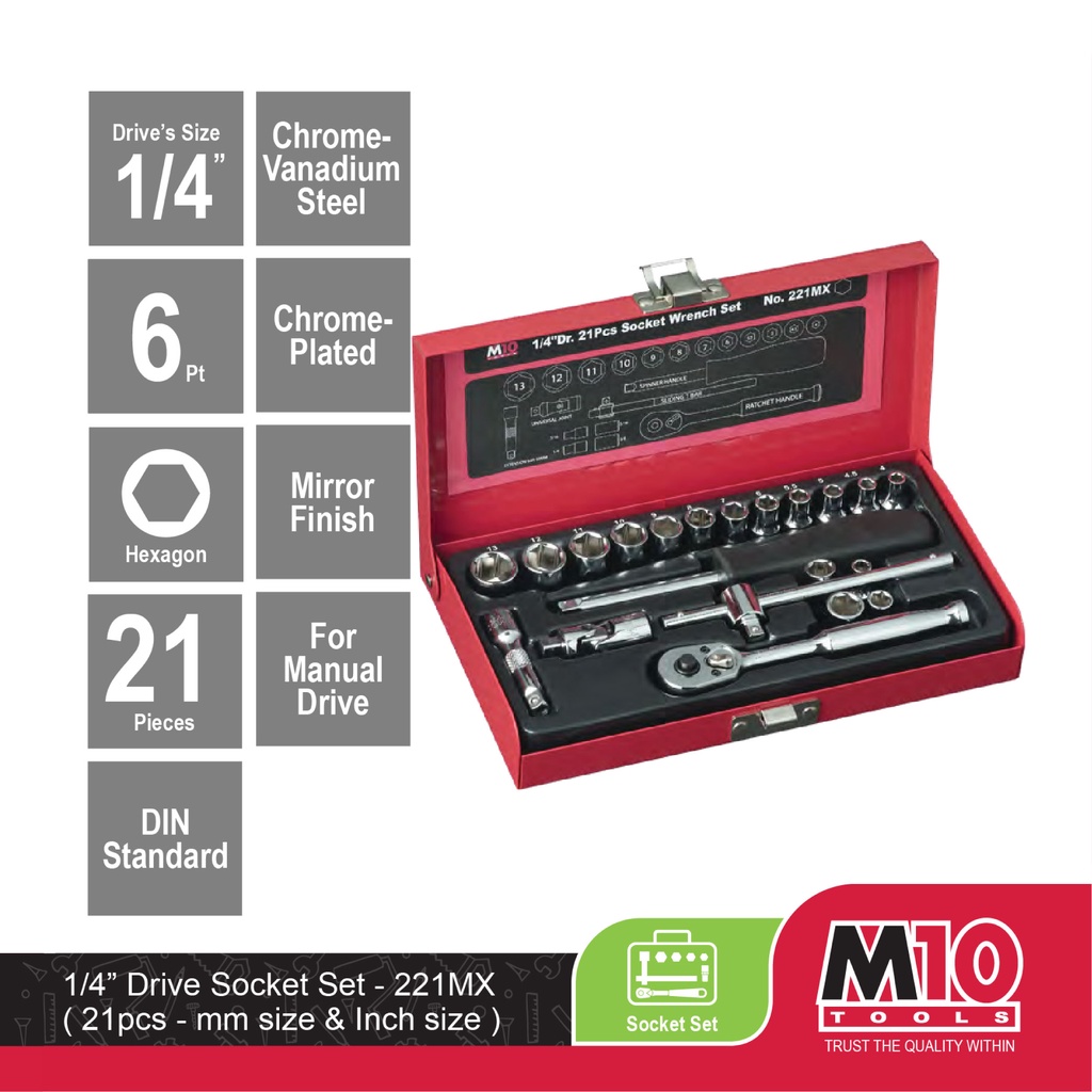 M10 1/4" Drive Socket Set - 6pt ( 21pcs - mm & inch ) 221MX | Shopee ...