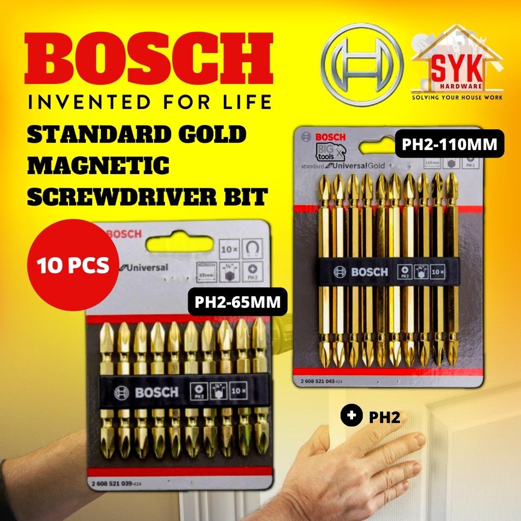 SYK BOSCH 45mm 65mm 110mm 10 Pcs PH2 Screwdriver Bit Standard Universal Gold Magnetic ...