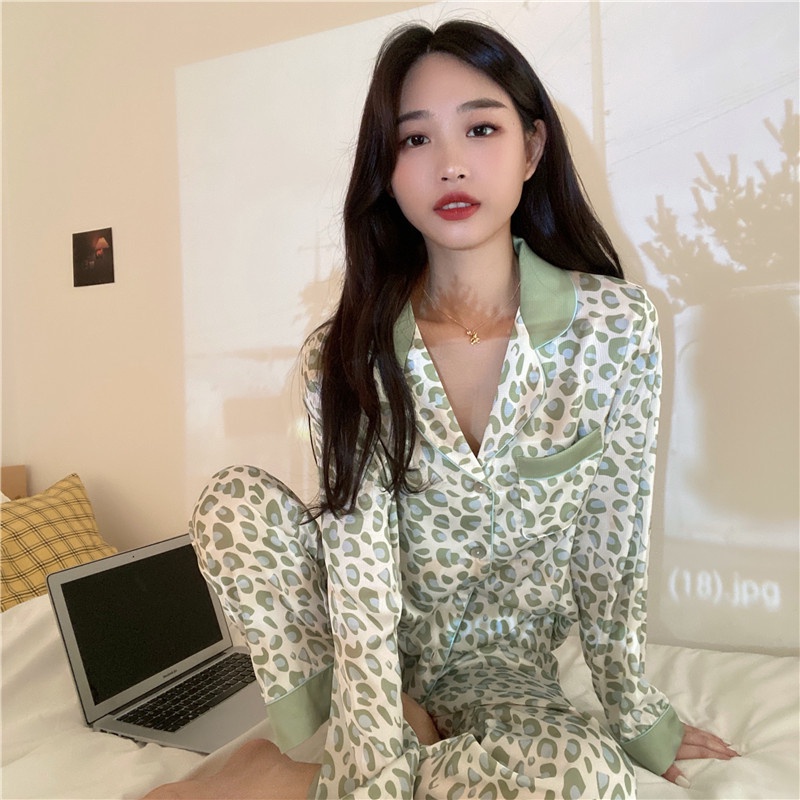 Baju Tidur Silk Leopard Print Cardigan Homewear Pyjamas Women Silk ...