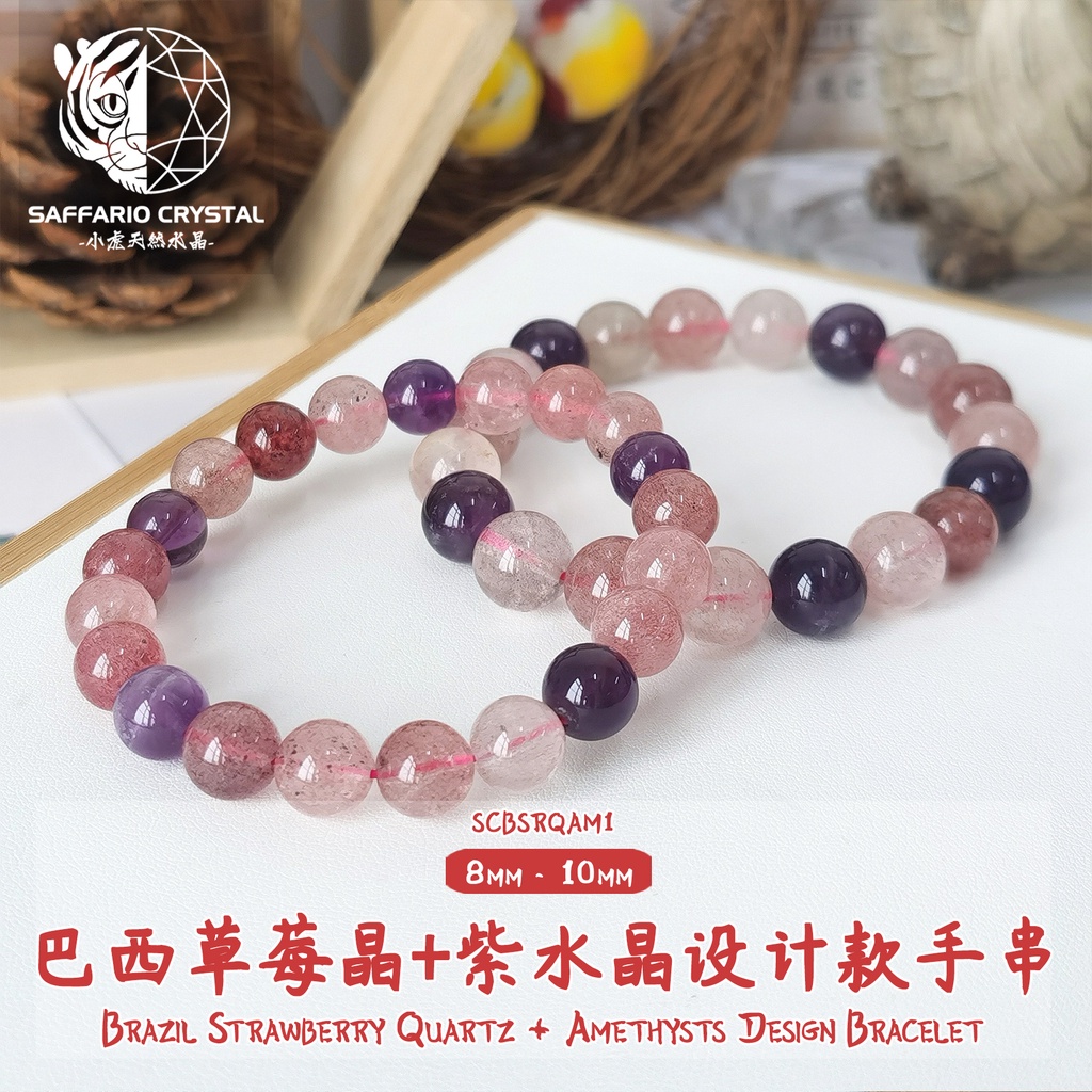 Natural Crystal Brazil Strawberry Quartz + Amethyst Design Bracelet ...
