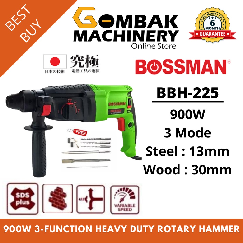 BOSSMAN BBH225 900W 3-Function Heavy Duty Rotary Hammer Set with Drill bits & Hacking Bits ...