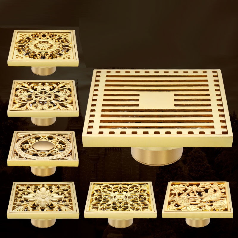Gold Color Brass Carved Bathroom Shower Drain 4" Square Floor Drain ...