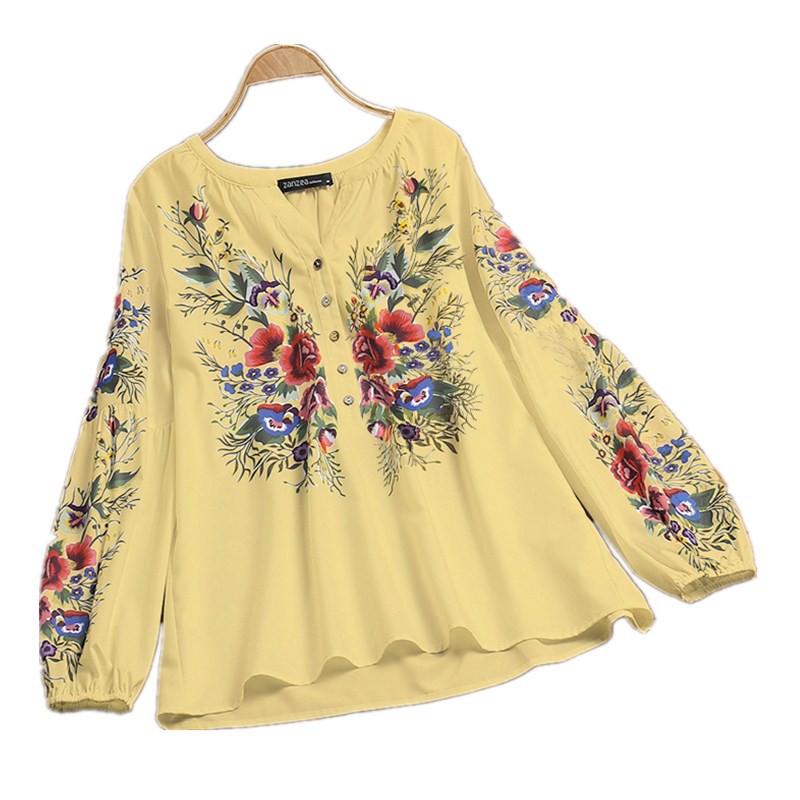 Zanzea Women Buttons V Neck Long Sleeve Loose Printed Casual Blouse
