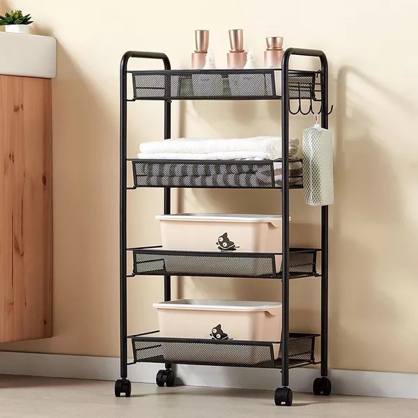 # 4 TIER MULTI PURPOSE BASKET TRAY STORAGE RACK with roller | Shopee ...