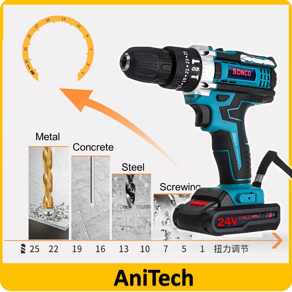 SONCO 36V Cordless Hammer Drill / Impact / Driver Drill Screwdriver 3 ...