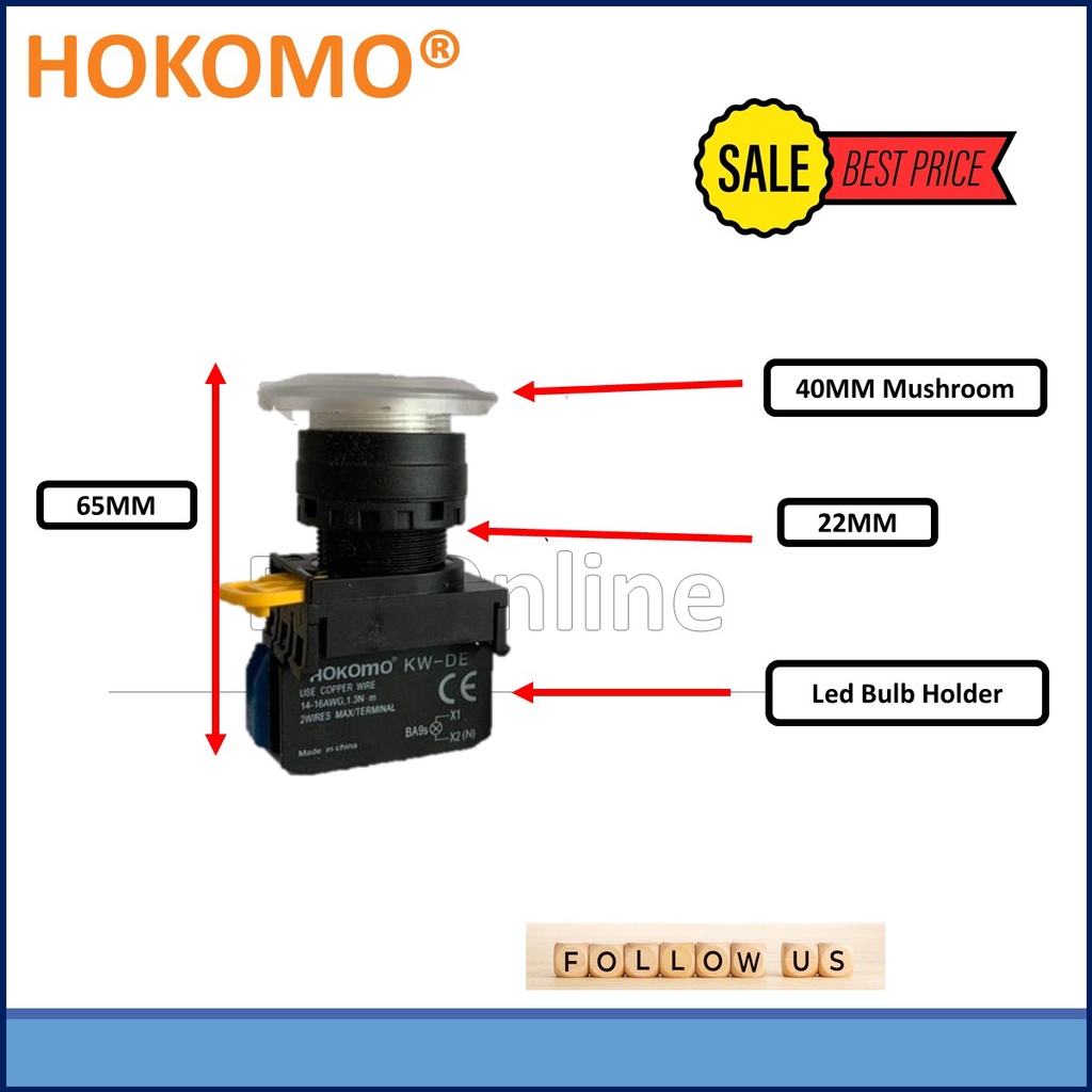 HOKOMO Push Button Switch 22MM Illuminated Mushroom Type Push Button ...