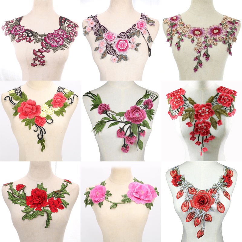 Pink Red Embroidery Lace Neckline Collar Fabric DIY Floral Neckline ...