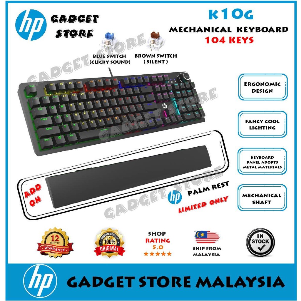 💯ORI HP K10G 104 KEYS Mechanical Keyboard Wired Adjustable LED backlit Gaming Keyboard (BLUE ...