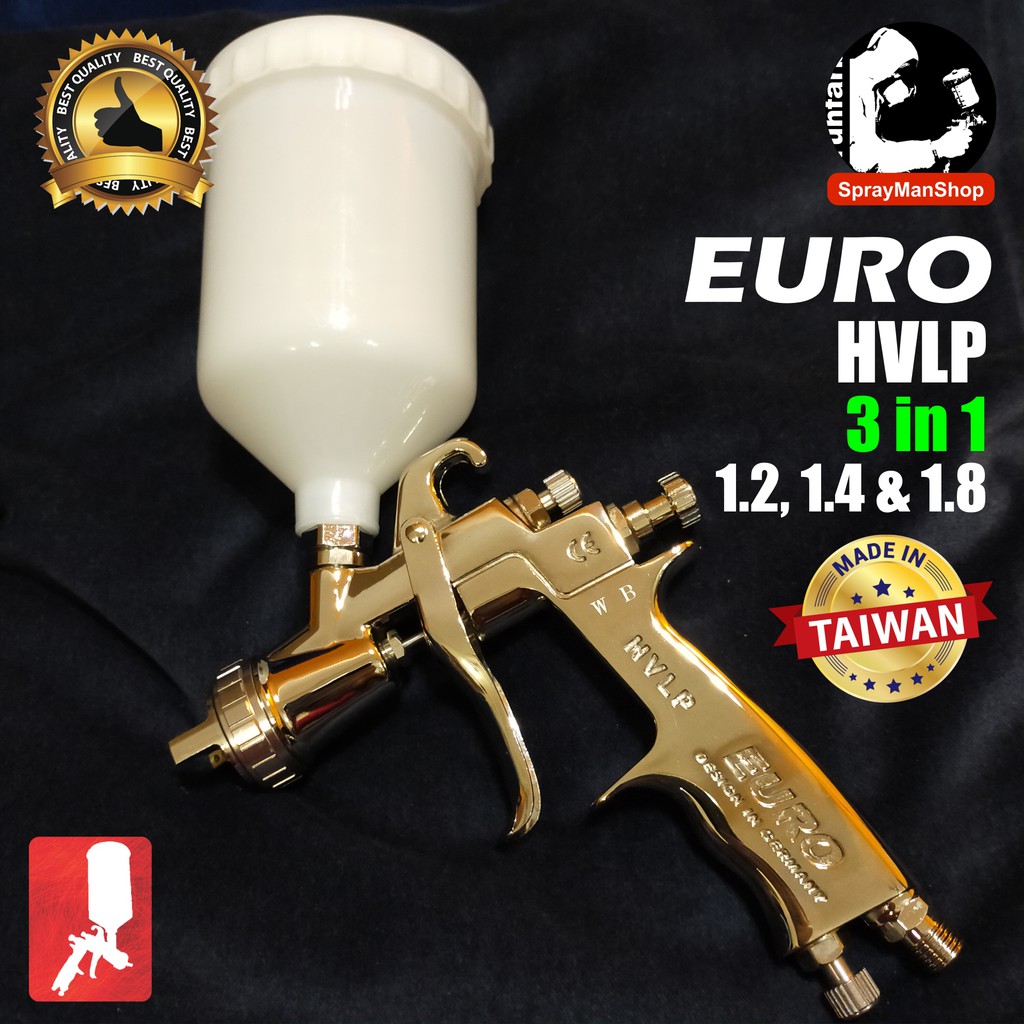 Euro Spray Gun 3 in 1 HVLP 1.2, 1.4 & 1.8mm Gravity Feed c/w 600cc ...