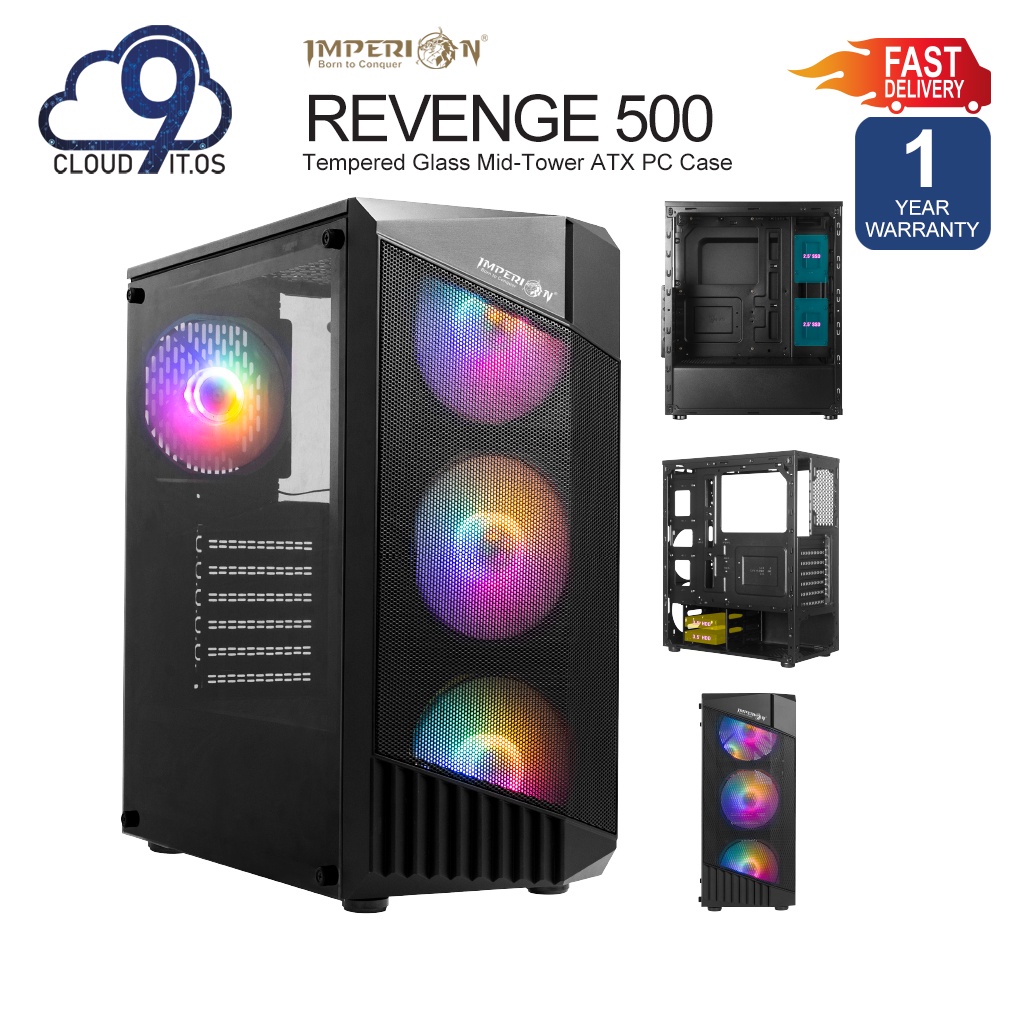 Imperion REVENGE 500 Mid-Tower with Tempered Glass ATX pc case with 4 ...