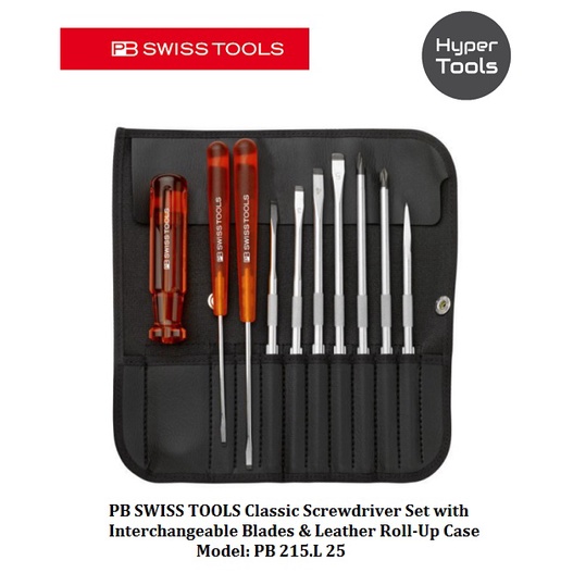 PB SWISS TOOLS Classic Screwdriver Set with Interchangeable Blades & Leather Roll-Up Case ...