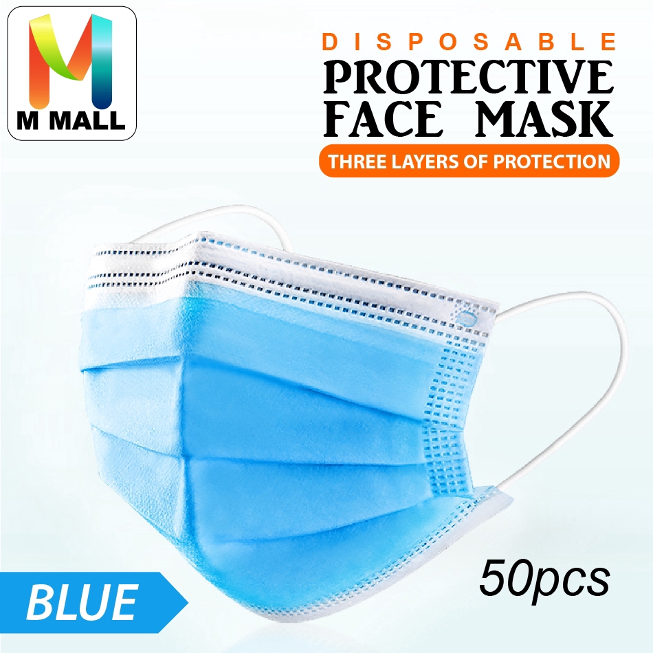 M MALL [50pcs] Face Mask Disposable 3ply Face Mouth Mask Filter ...