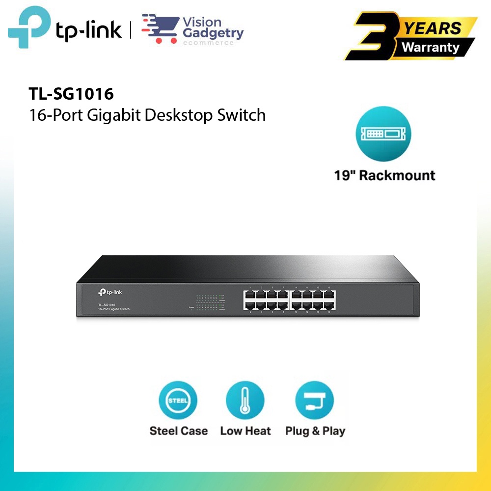 TP-Link TL-SG1016 16-Port 10/100/1000 Gigabit Rackmount Switch Desktop ...
