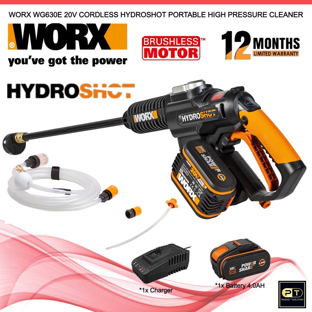 WORX WG630E 20V 4.0Ah Cordless Hydroshot Portable High Pressure Cleaner / Washer with brushless ...