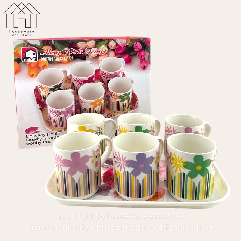 Nordic 6pcs Mug With Tray Set Storage Flower Design Cup Tray Cawan ...