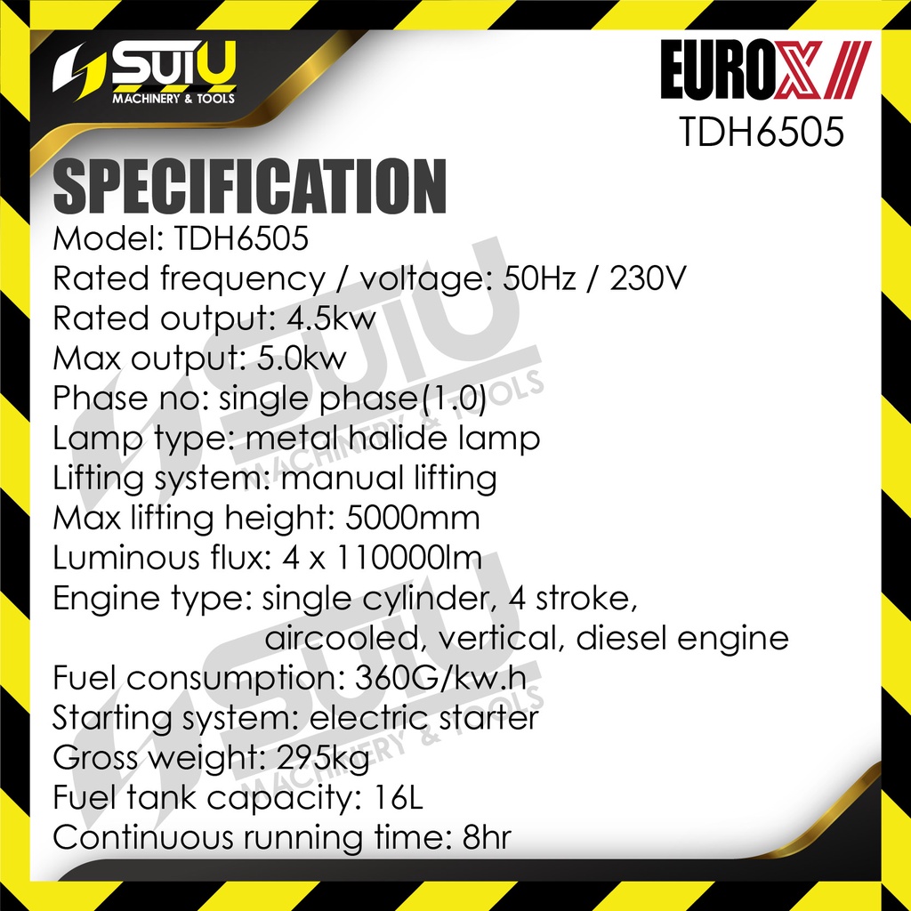 EUROX TDH6505 / TDH 6505 Mobile Lighting Tower Light Power by Diesel Engine 5000W (Lamps - 4 x ...