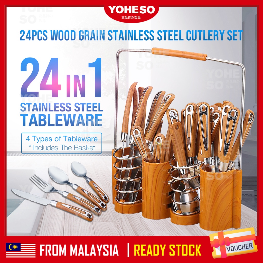 YOHESO 24 Pcs Stainless Steel Wooden Fork Tea Spoon Cutlery Tableware ...