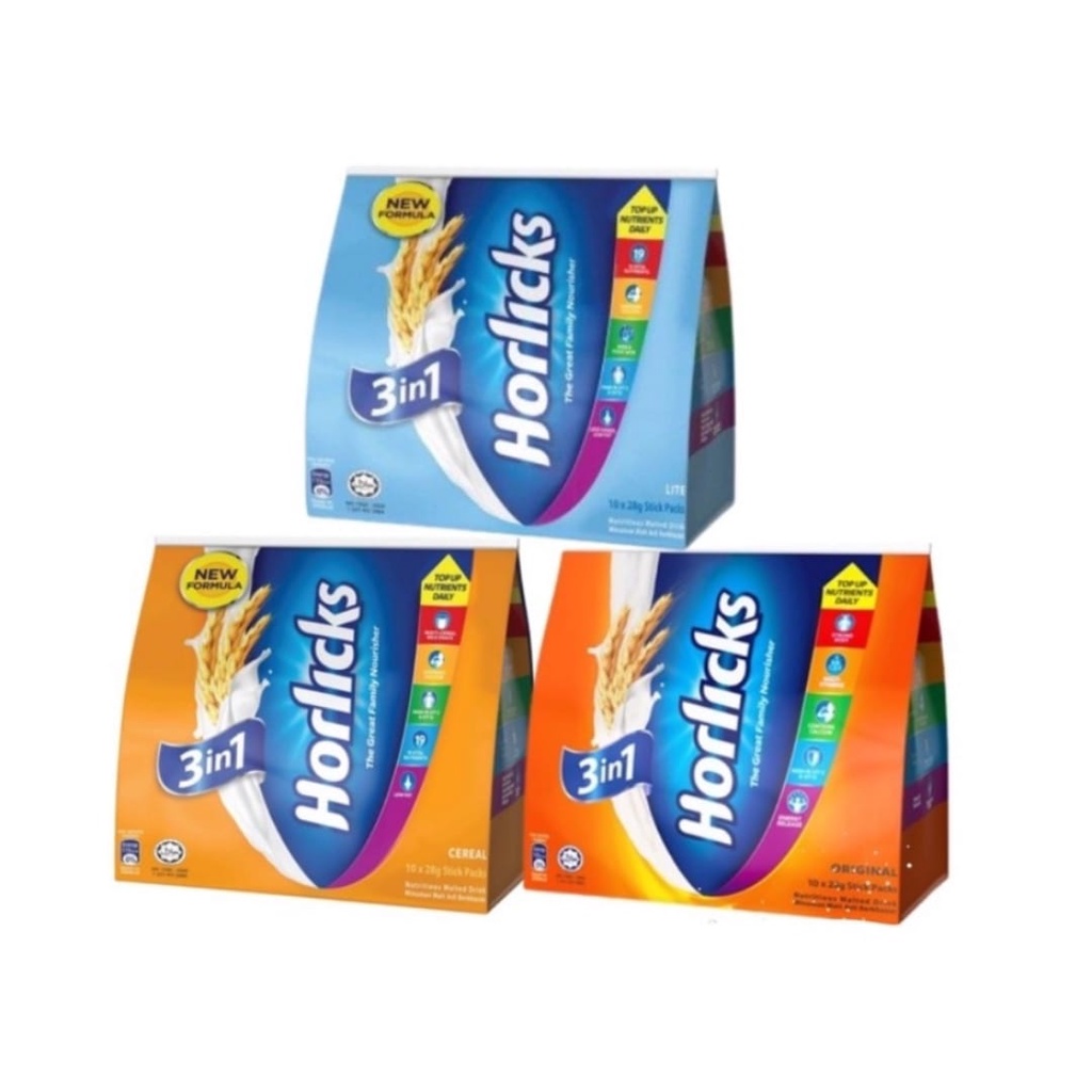 Horlicks 3 in 1 Nutritious Malted Drink ( Original/Lite/Cereal) 10x28g ...