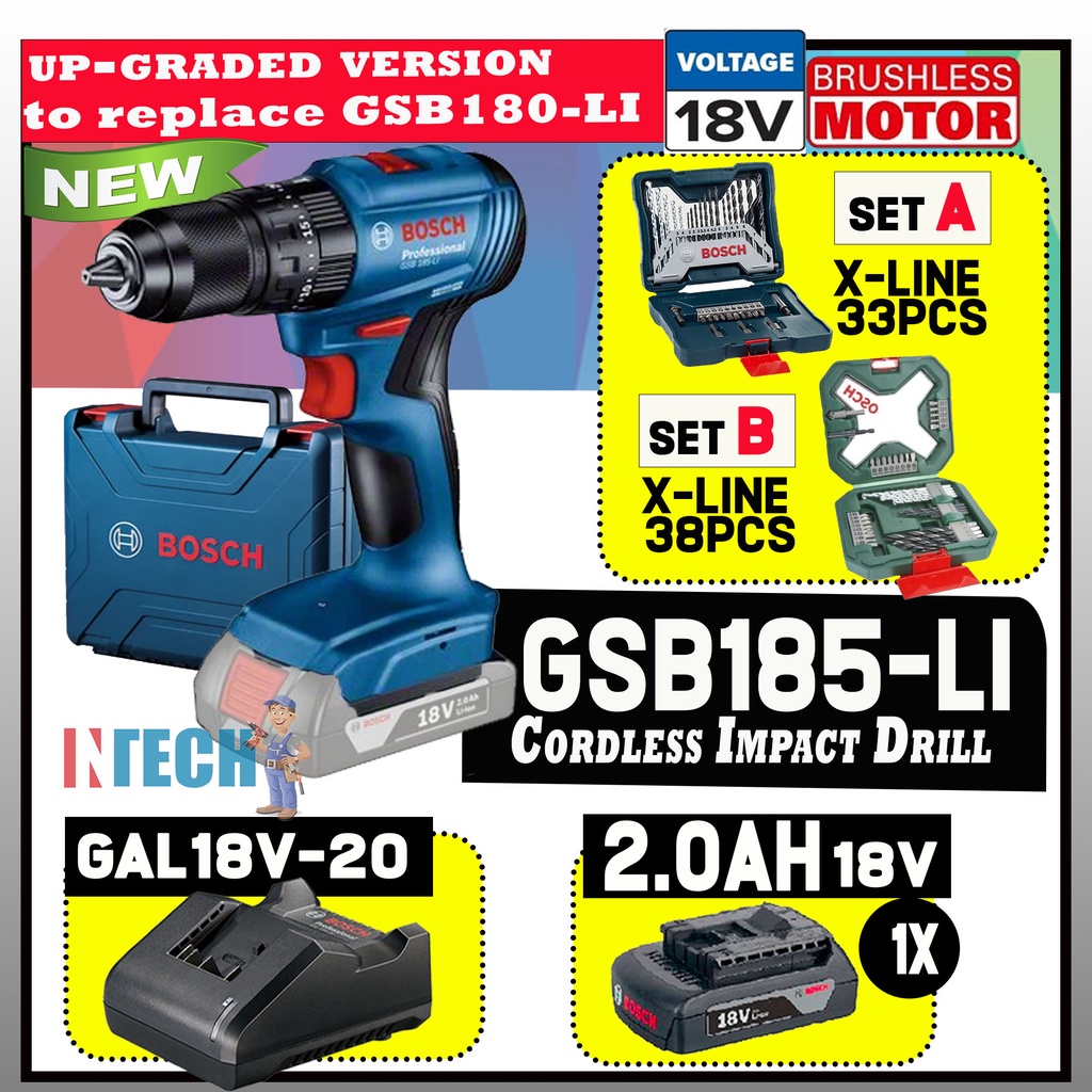 BOSCH GSB185-LI CORDLESS IMPACT DRILL 18V + 1x 2.0AH + X-LINE 33PCS OR ...