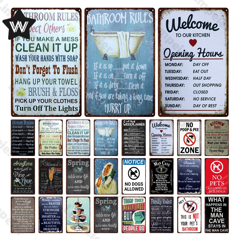 Retro Bathroom Rules Metal Plaque Sign Vintage Welcome To Our Kitchen ...