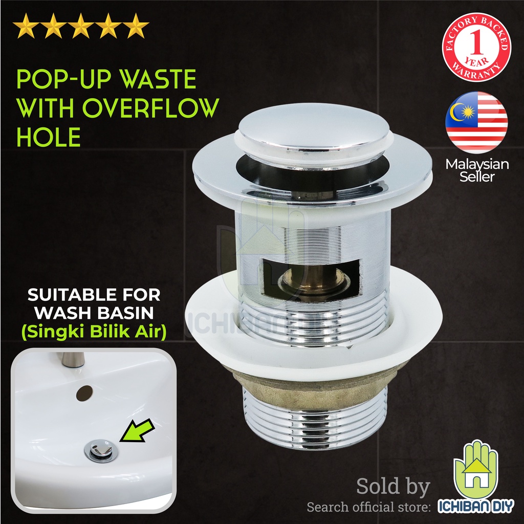 Pop-up Waste with Overflow 32mm Hole Pop Up Wash Basin Drain Push Button Bathroom Sink Penutup ...