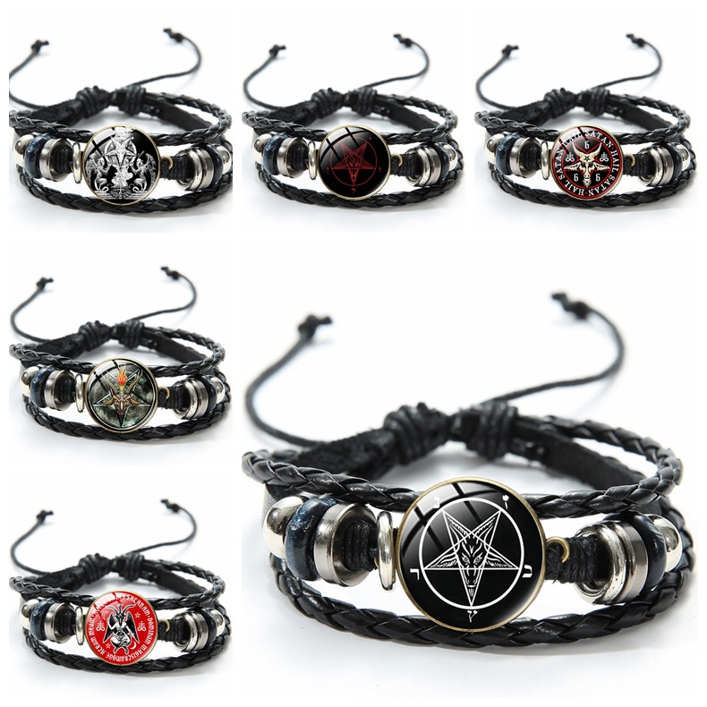 Lucifer Satan Baphomet Time Gemstone Glass Leather Bracelet Braided ...