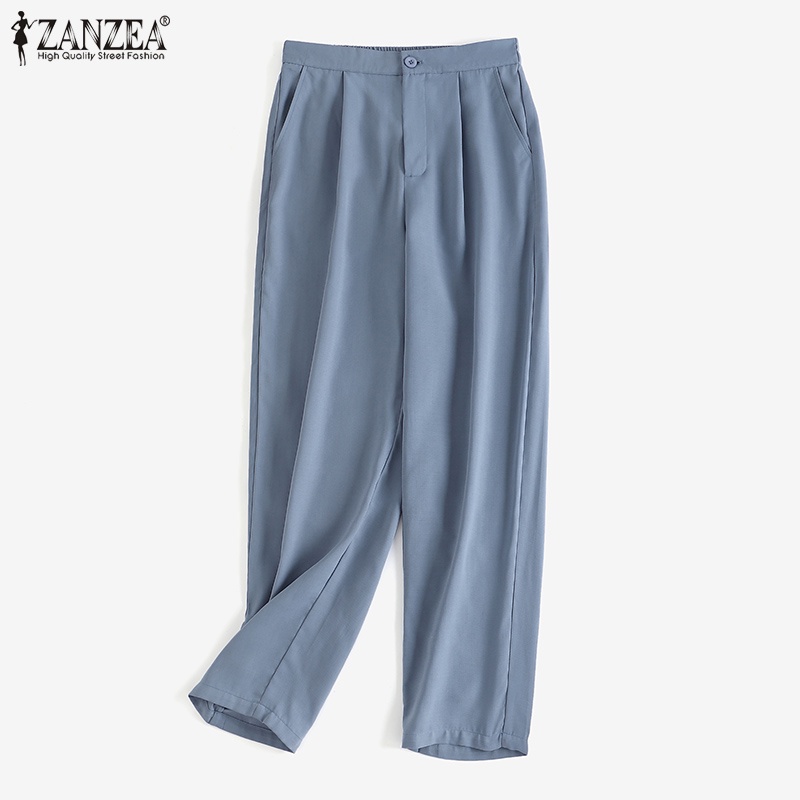 Zanzea Women Casual Side Pockets Front Zipper Solid Color Back Elastic