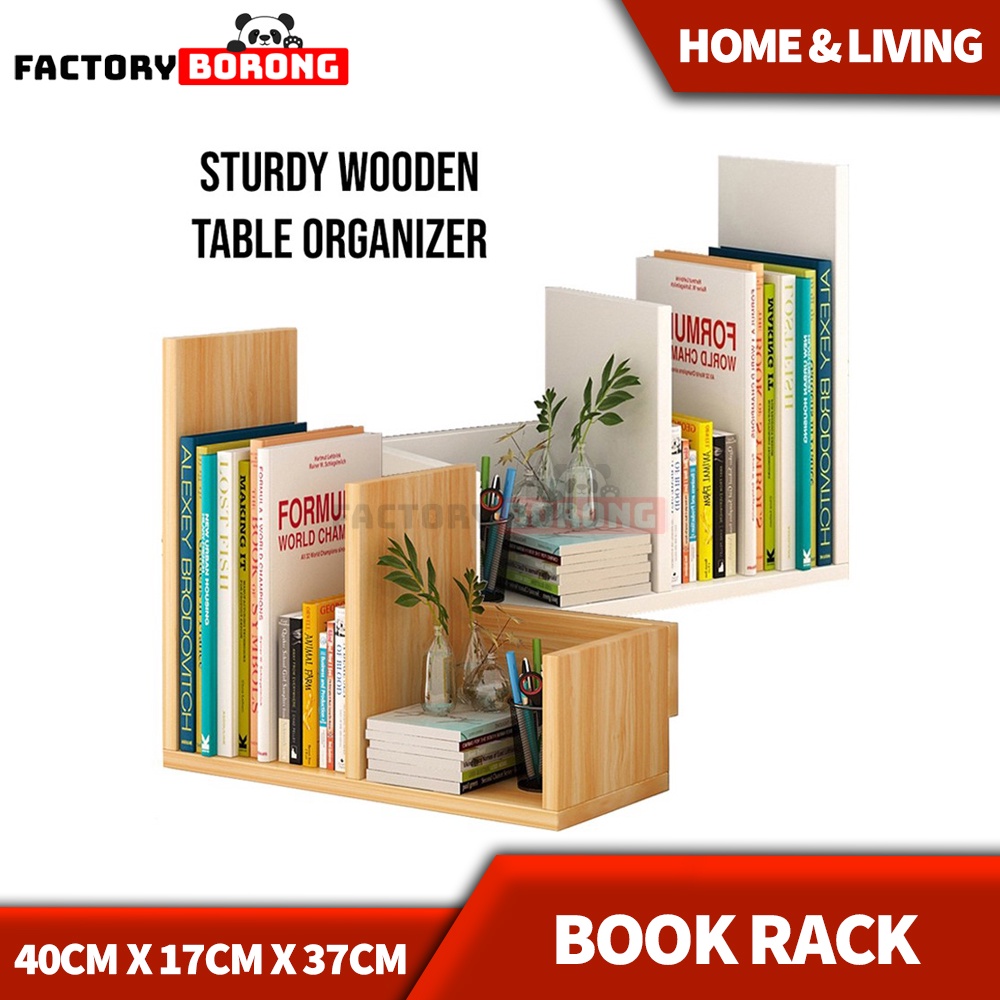 D4381 Sturdy Wooden Table Top Book Rack Book Shelf Table Organizer Rak ...