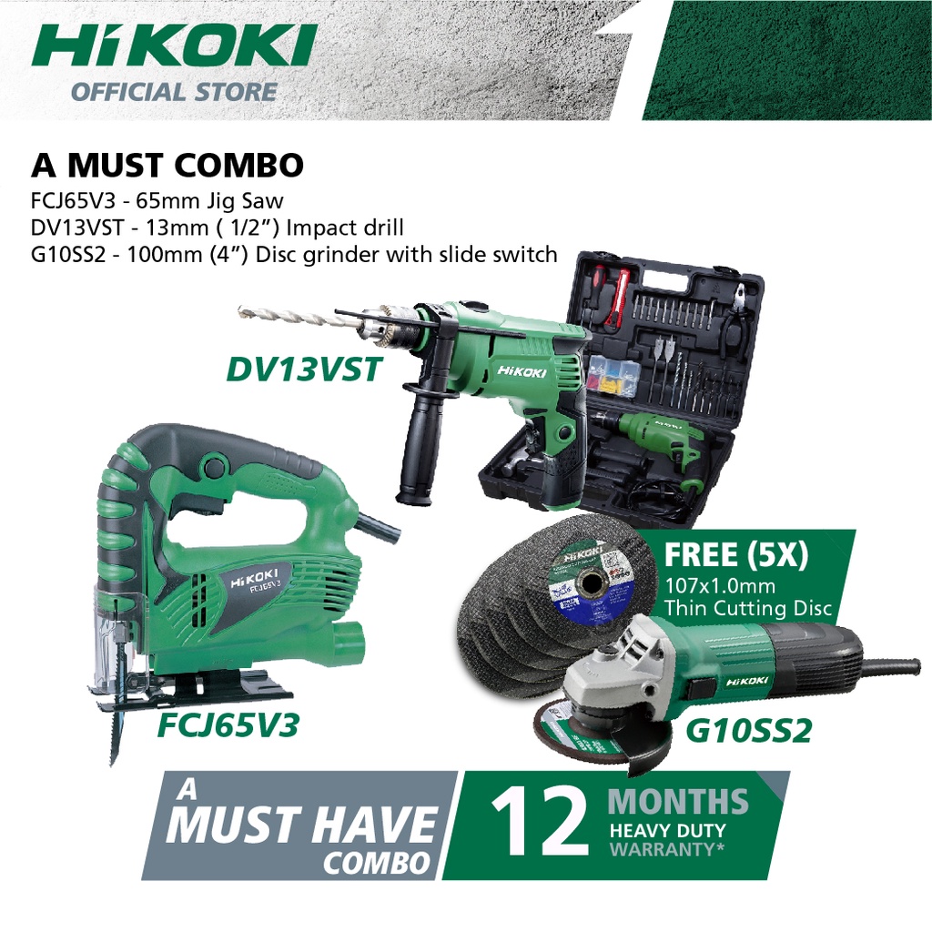 HiKOKI [COMBO 3] FCJ65V3 + DV13VST + G10SS2 Jig Saw, Impact Drill ...