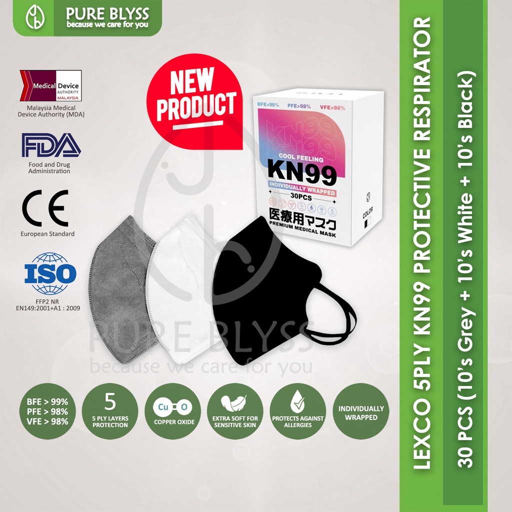 【MDA APPROVED!】LEXCO Premium 5PLY KN99 Medical Face Mask FFP3 5 Layers Protective Respirator 30 ...
