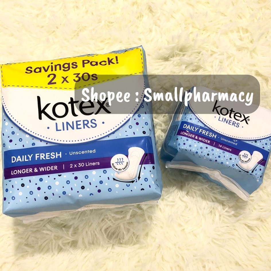 Kotex Liners Daily Fresh Pantiliner Longer & Wider Unscented 14s / 30s ...
