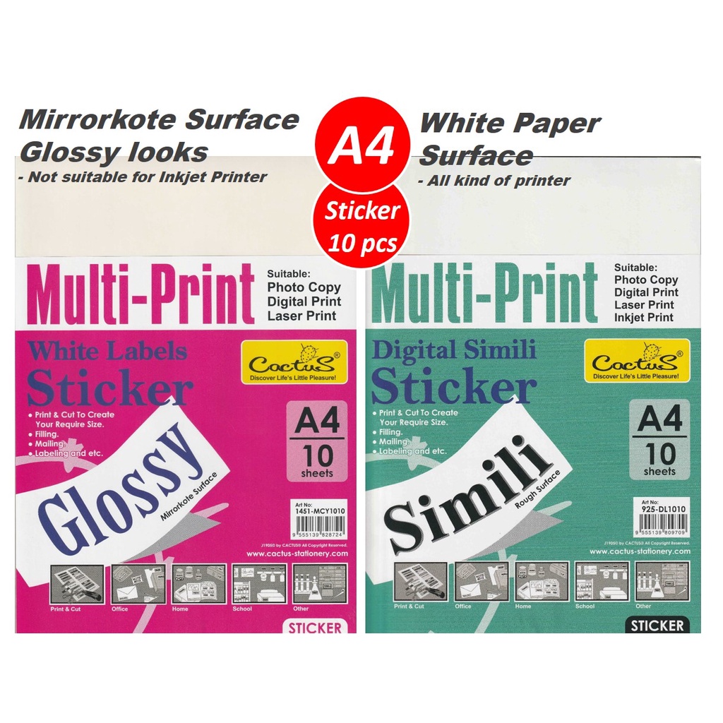 Cactus A4 Sticker Paper Glossy Mirrorcote Simili Multipurpose Printing ...