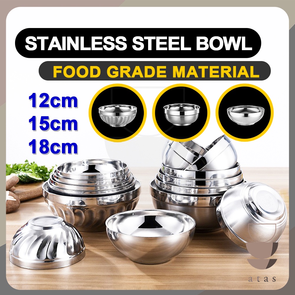 ATAS FOOD GRADE Stainless Steel Bowl Rice Soup Salad Double Layer Heat ...