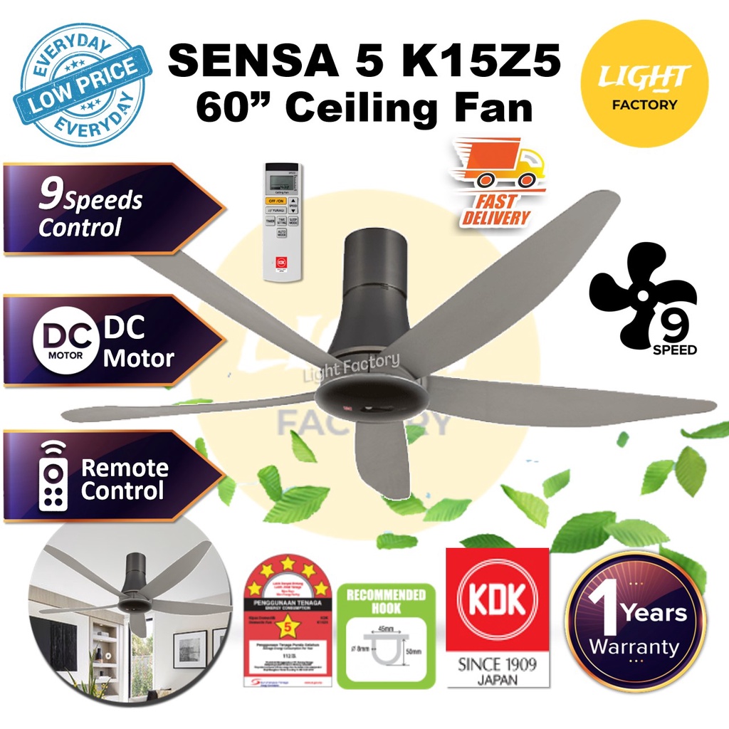 KDK SENSA 5 Series K15Z5-REY 60" 5 Blades DC Motor Ceiling Fan 9 Speeds ...