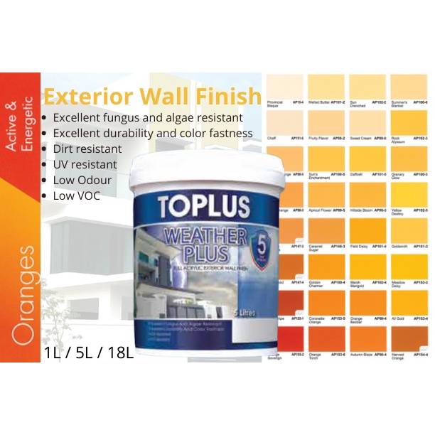 (1L)TOPLUS WEATHER PLUS EXTERIOR WALL PAINT -ORANGE SERIES | Shopee ...