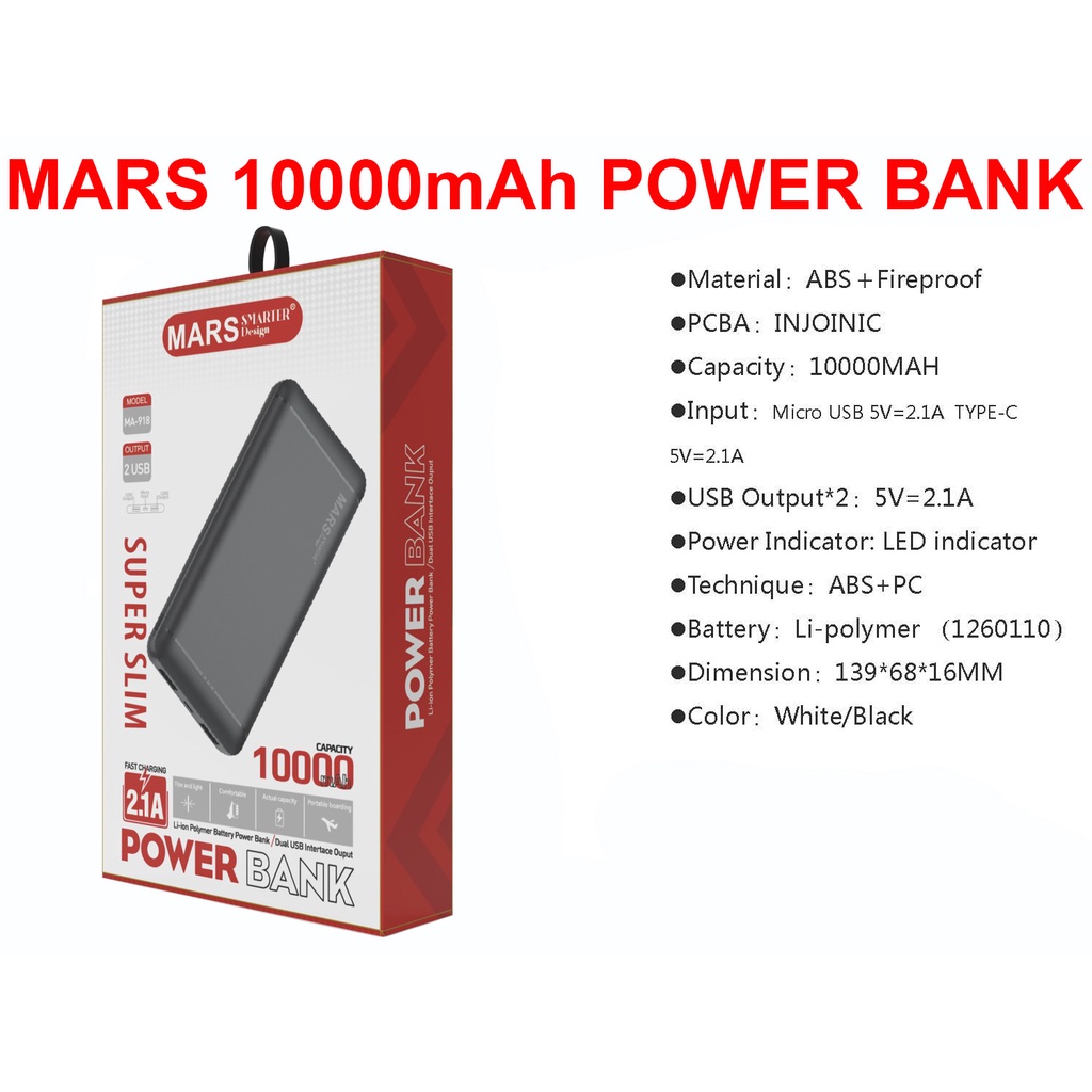 MARS Original 10000mAh Powerbank Model: MA-918 Dual Output | Shopee ...