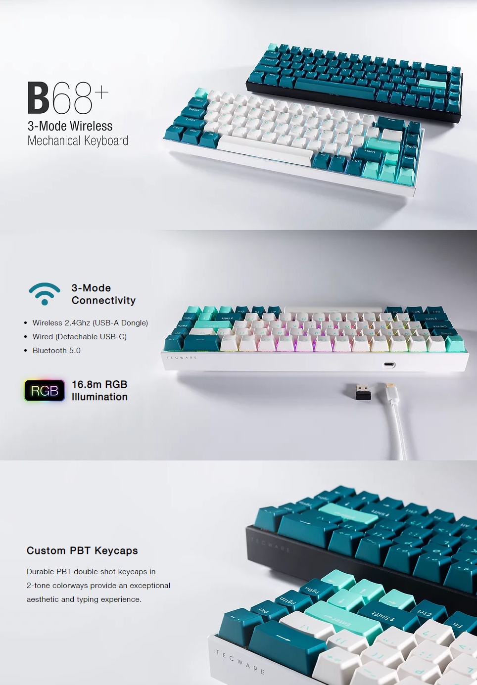 Tecware B68+ Wireless Mechanical Keyboard [Black/White] | Shopee Malaysia