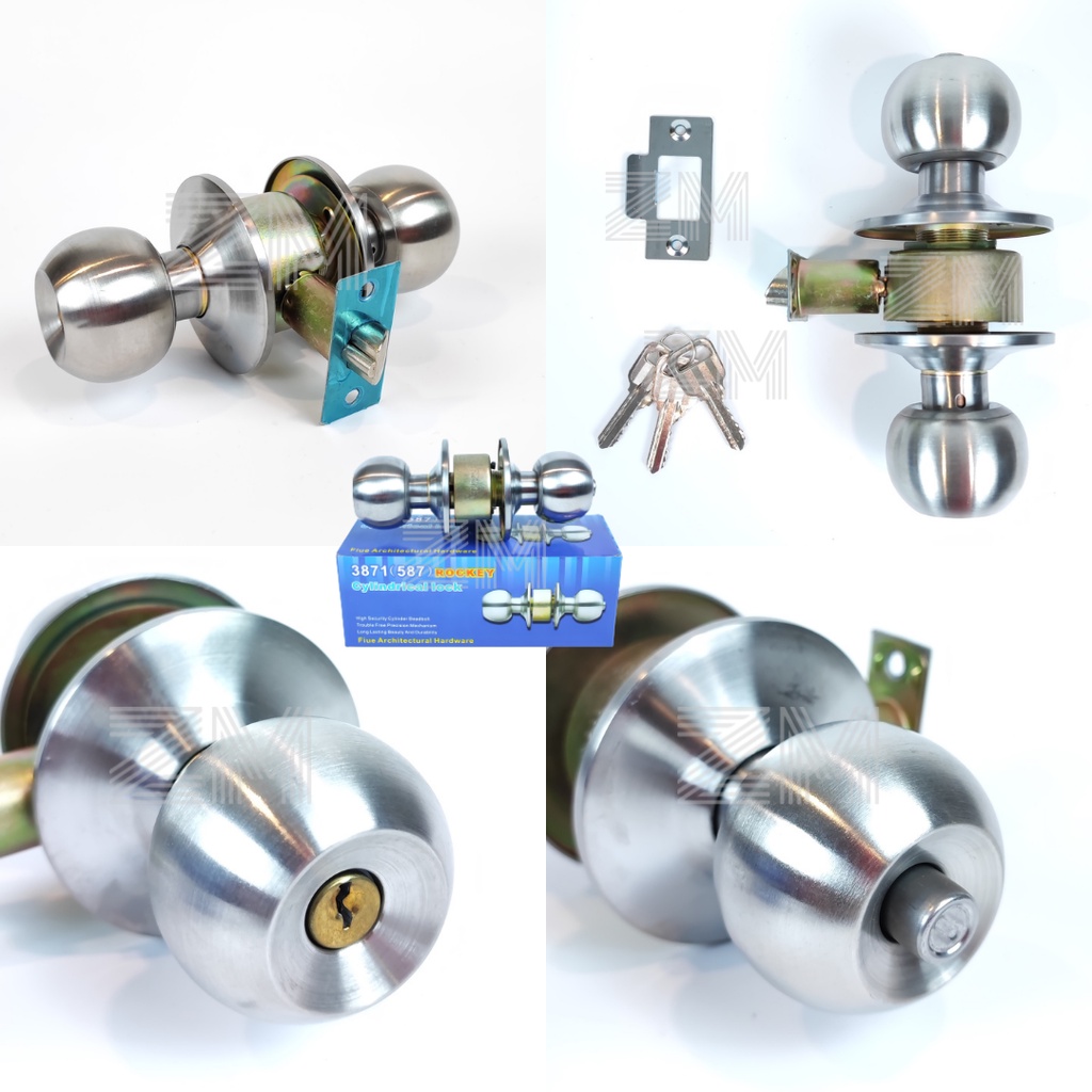 60MM ROCKEY / ALOC Cylindrical Door Lock Set with Keys Round Door Knob ...