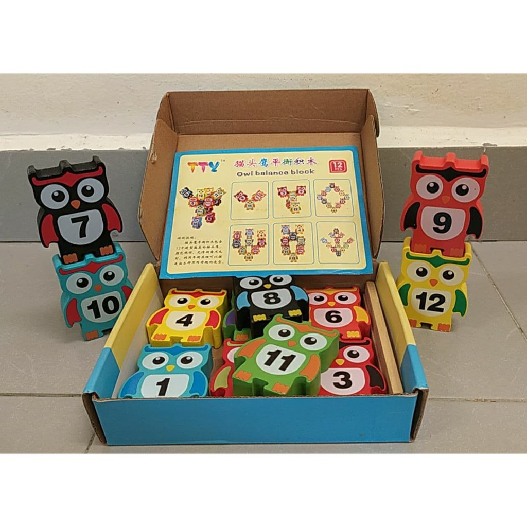 permainan kayu wooden toys owl balance block seimbangkan imbangan ...