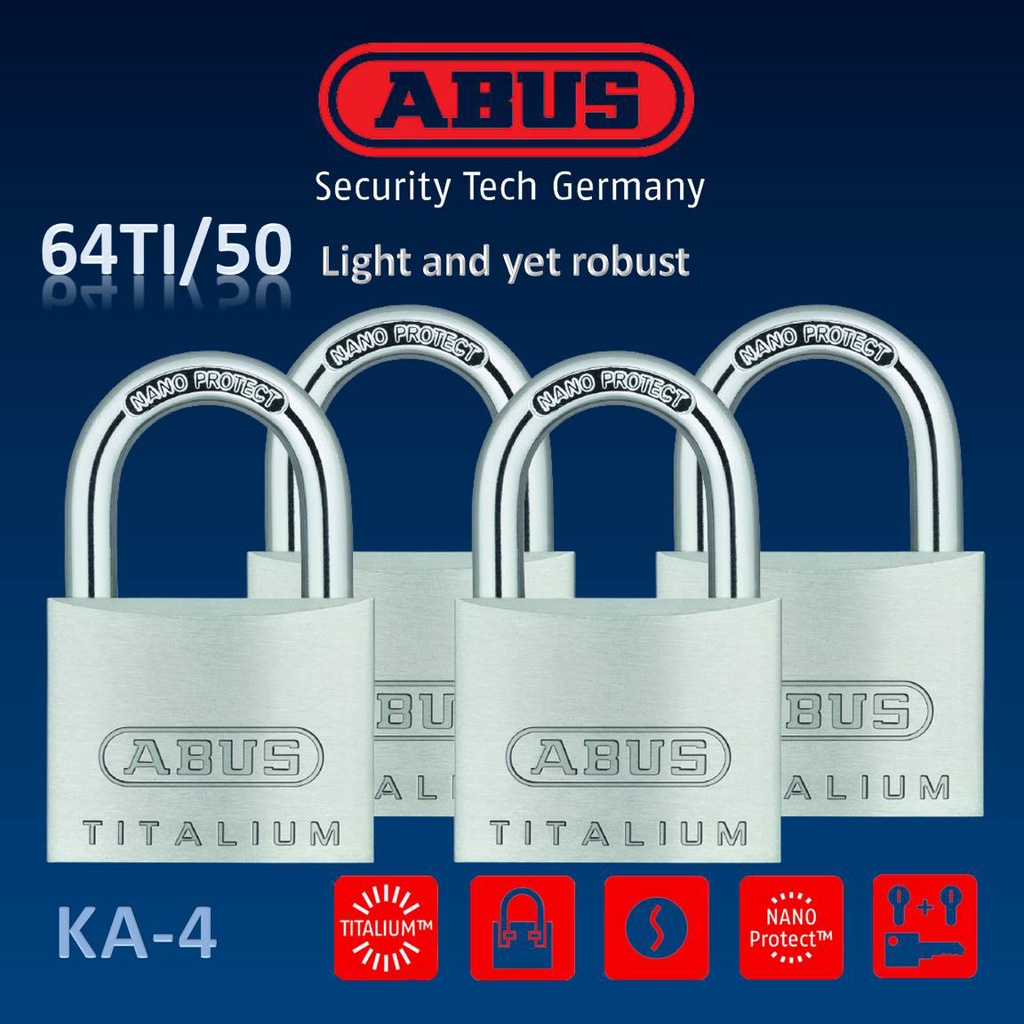 ABUS 64TI 50mm NANO PROTECT™ TITALIUM™ PADLOCK with KEY ALIKE SYSTEM ...